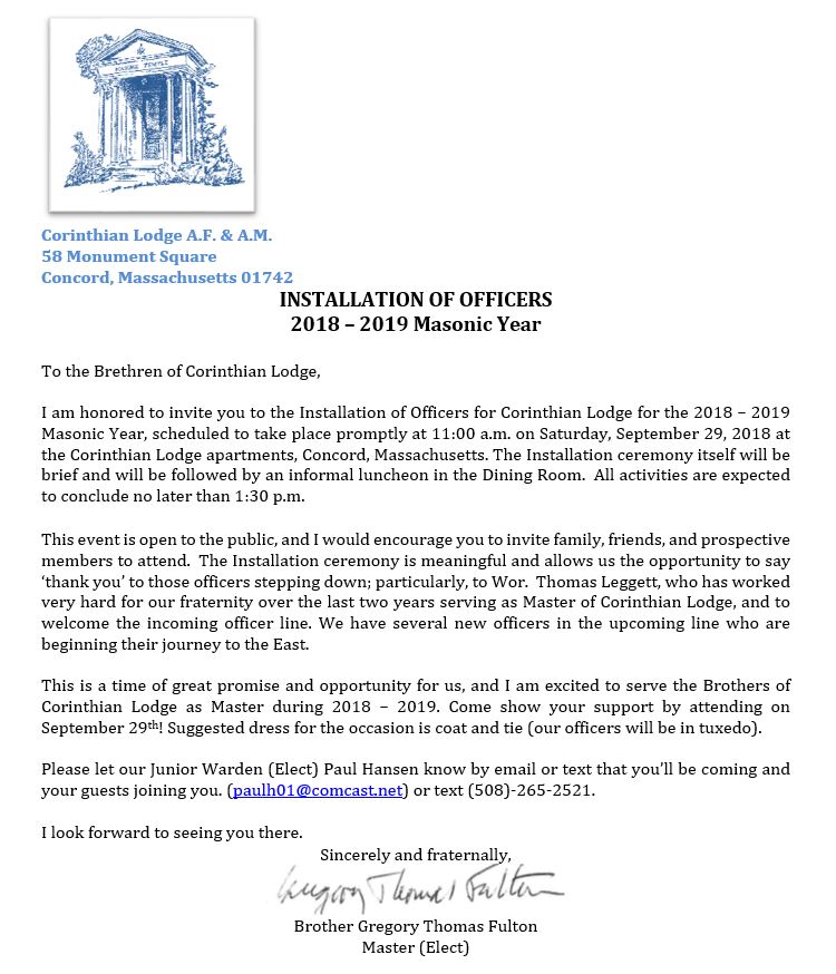 Installation of Officers September 29th – Corinthian Lodge A.F. & A.M.